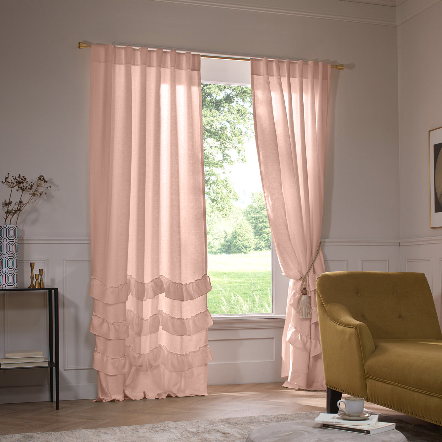 Rideau rose en lin à volants | Linenshed